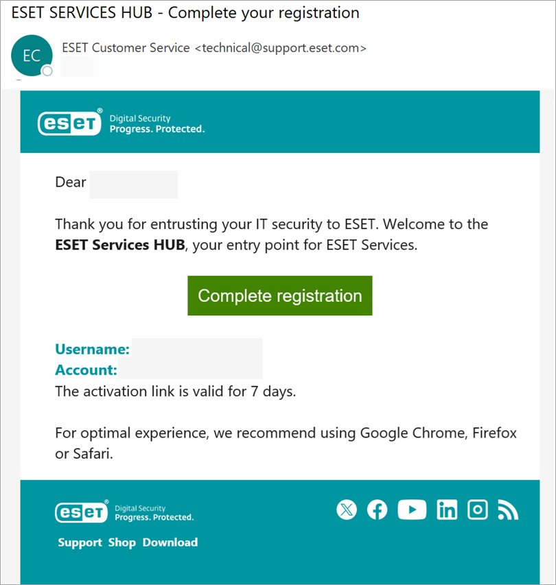 [KB8799] Complete registration and activate an account on ESET Services HUB
